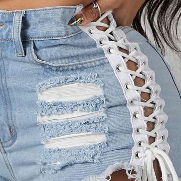 Shorts | Jean Short Denim Short Ripped Lace Up And Raw Hem | Poshmark
